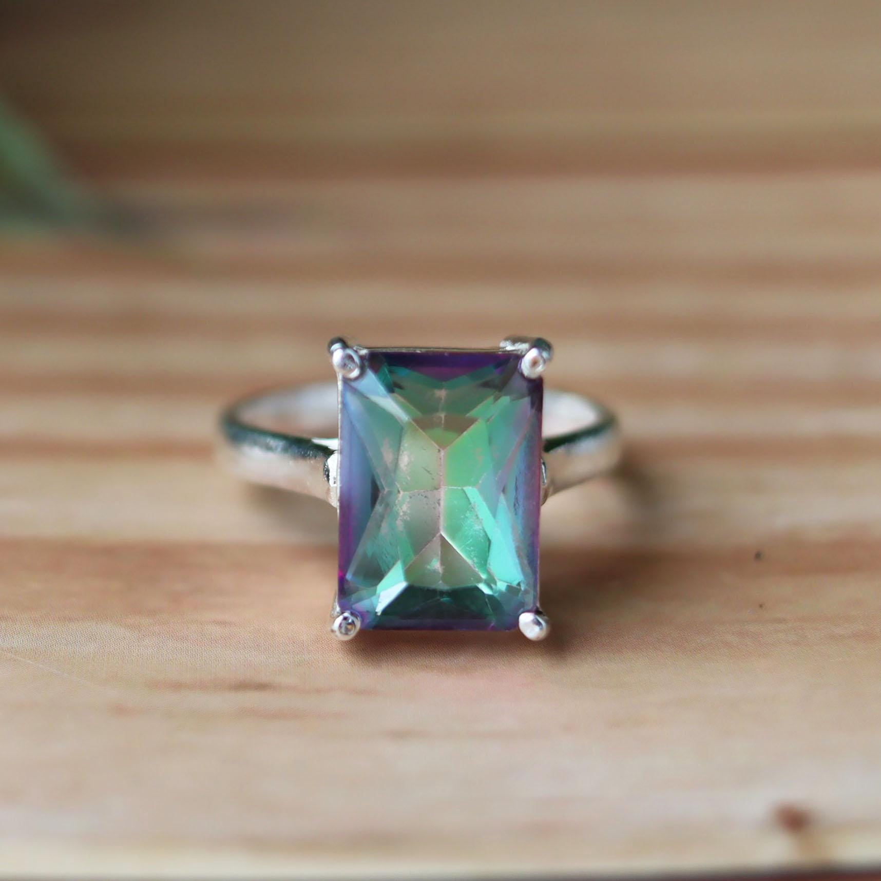 Mystic Topaz Ring, 925 Silver Ring, Rainbow Gemstone Ring, Emerald Cut ...