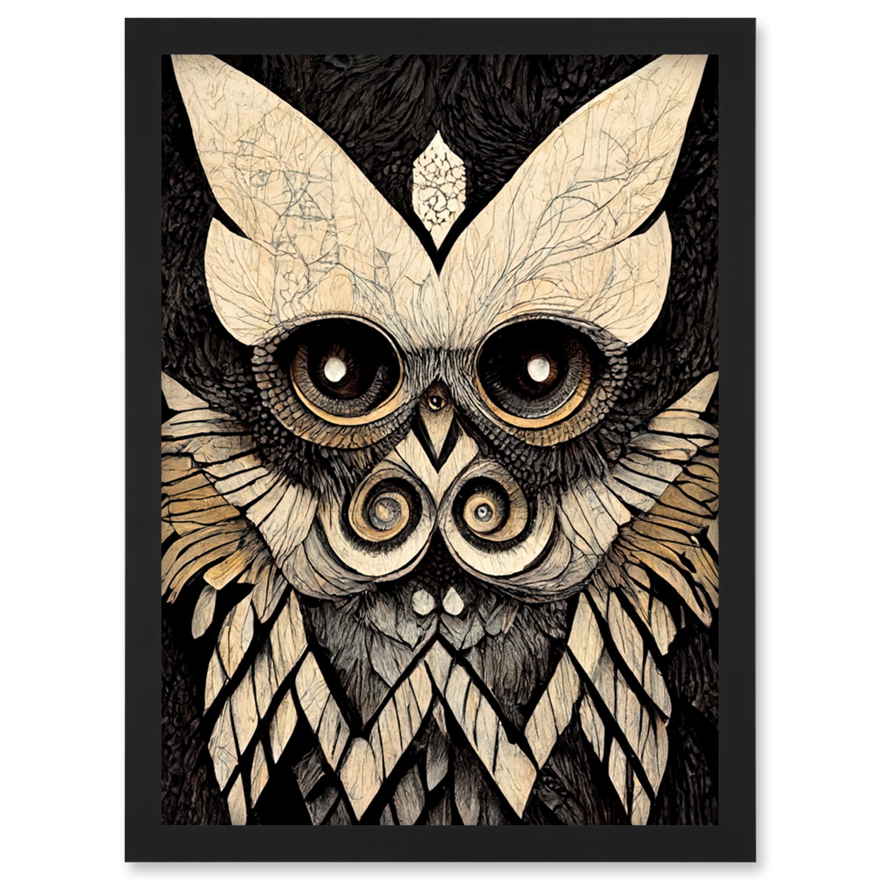 Mystic Tribal Owl Wood Carving Totem Pole Artwork Framed Wall Art Print ...