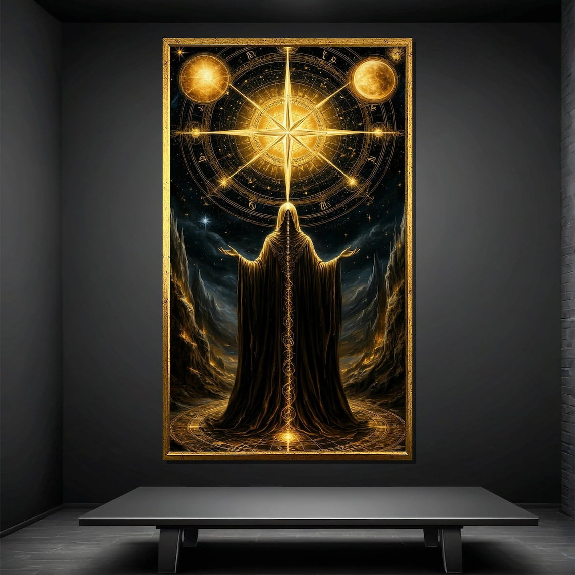 Mystic Wizard Canvas Painting With Celestial Mandala | Golden Spiritual ...