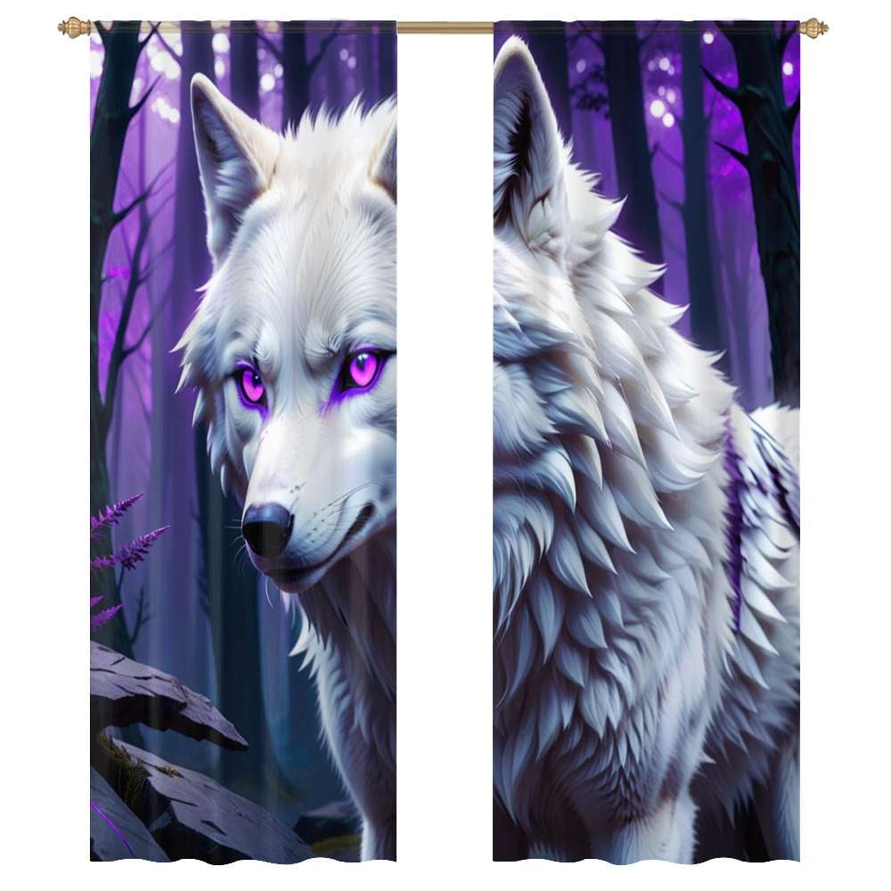 Mystic Wolf In Enchanted Forest Tulle Curtains For Living Room Chiffon ...