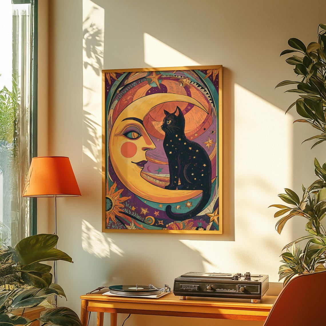 Mystical Black Cat Poster, Retro Celestial Moon Cat Wall Art, Crescent ...