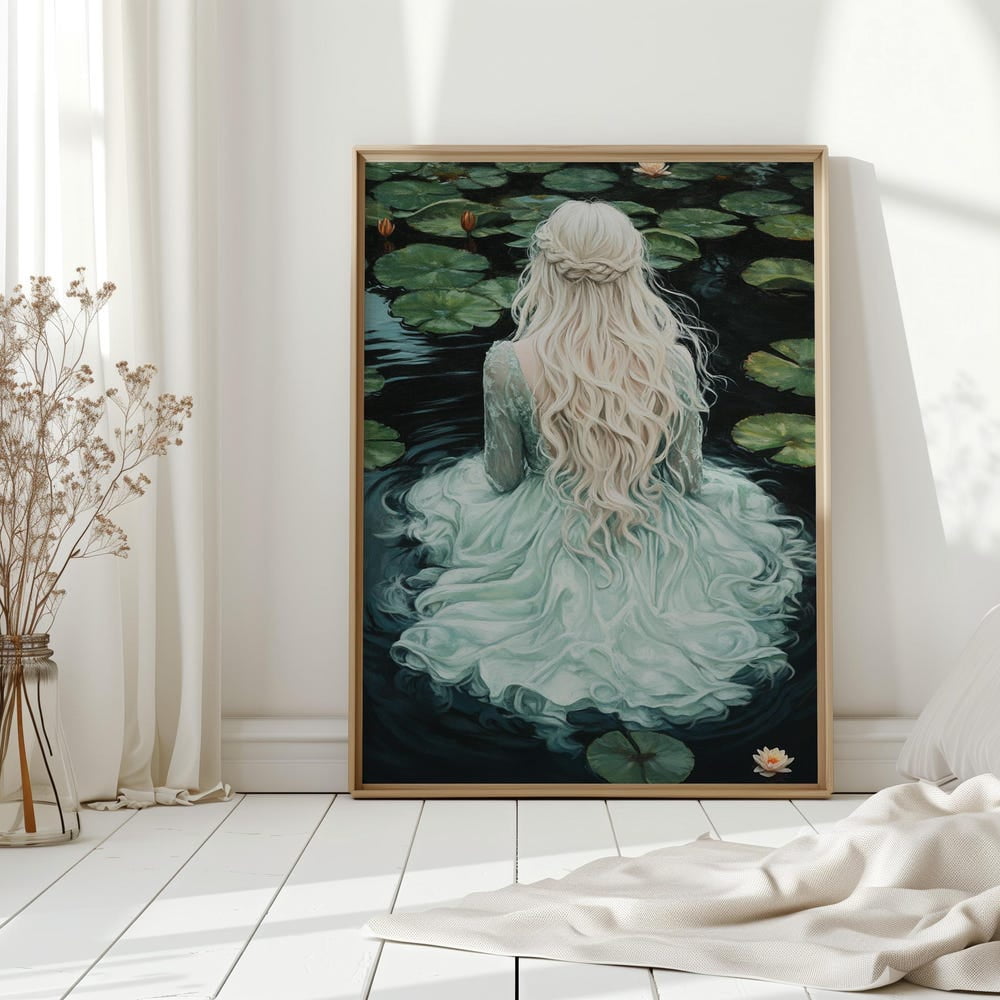 Mystical Blonde Woman In Flowing Dress Among Lily Pads Enchanted Water ...