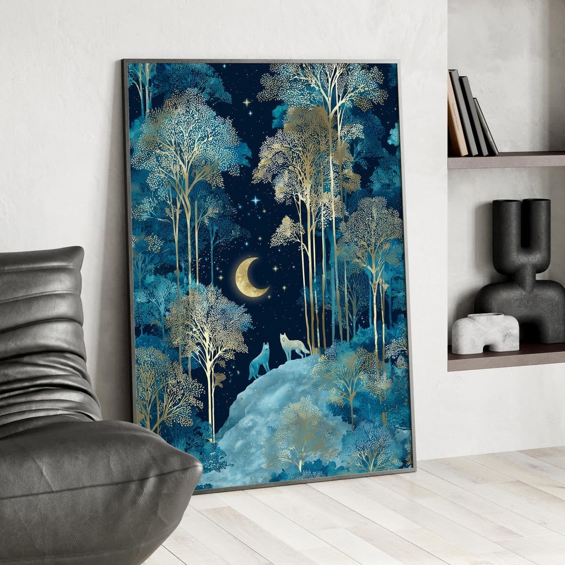Mystical Blue Night Forest Silver Trees Wolves Crescent Moon Glow ...