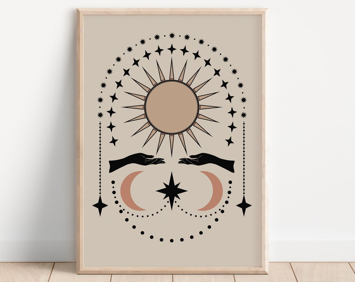 Mystical Boho Sun And Moon Print - Celestial Spiritual Sun, Crescent ...