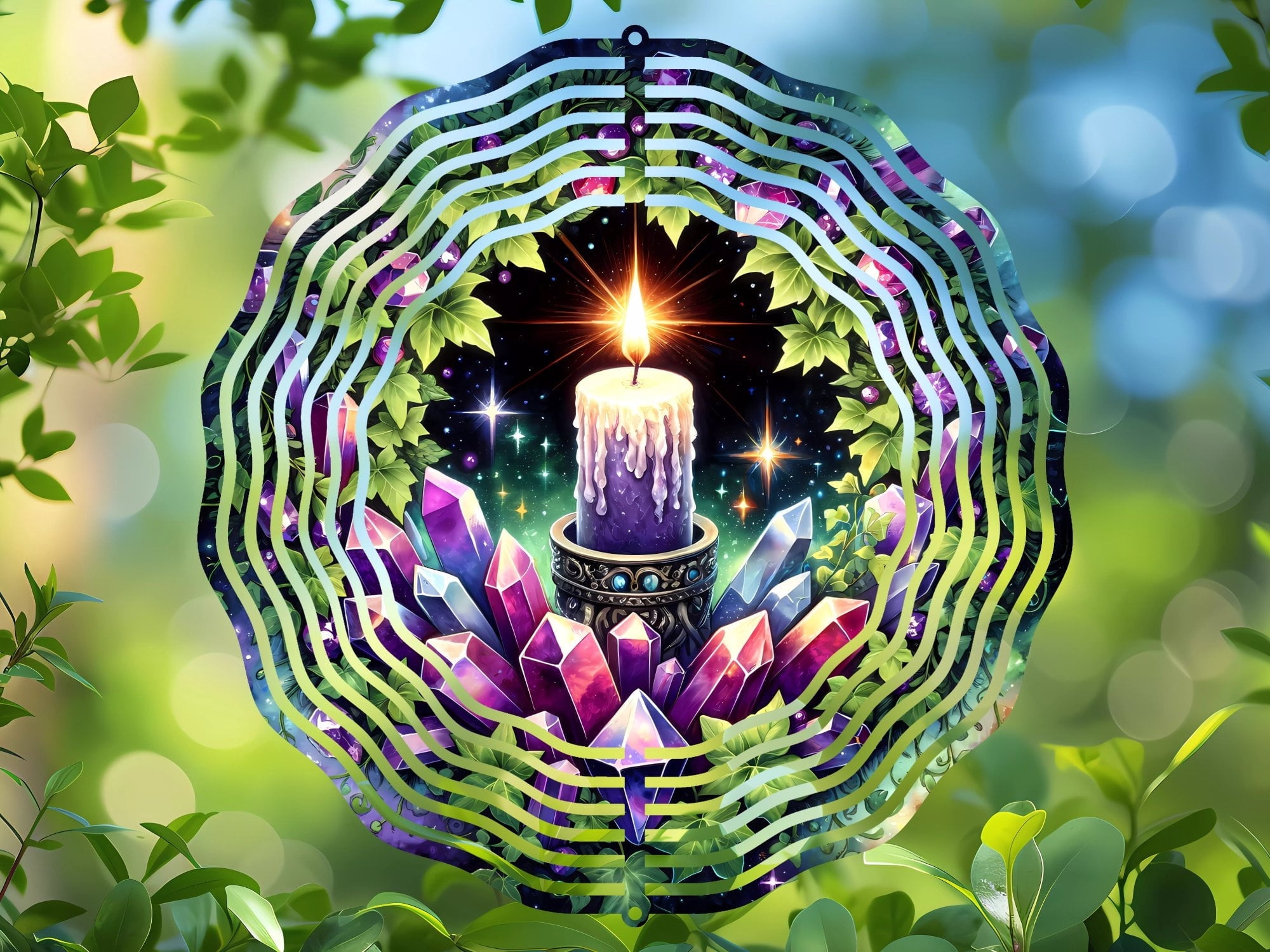 Mystical Candle Crystal Wreath 3D Wind Spinner, Kinetic Stainless Steel ...