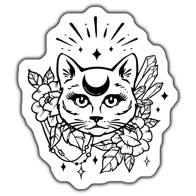 Mystical Cat Sticker With Flowers And Crystals, Moon Phase Cat Decal ...