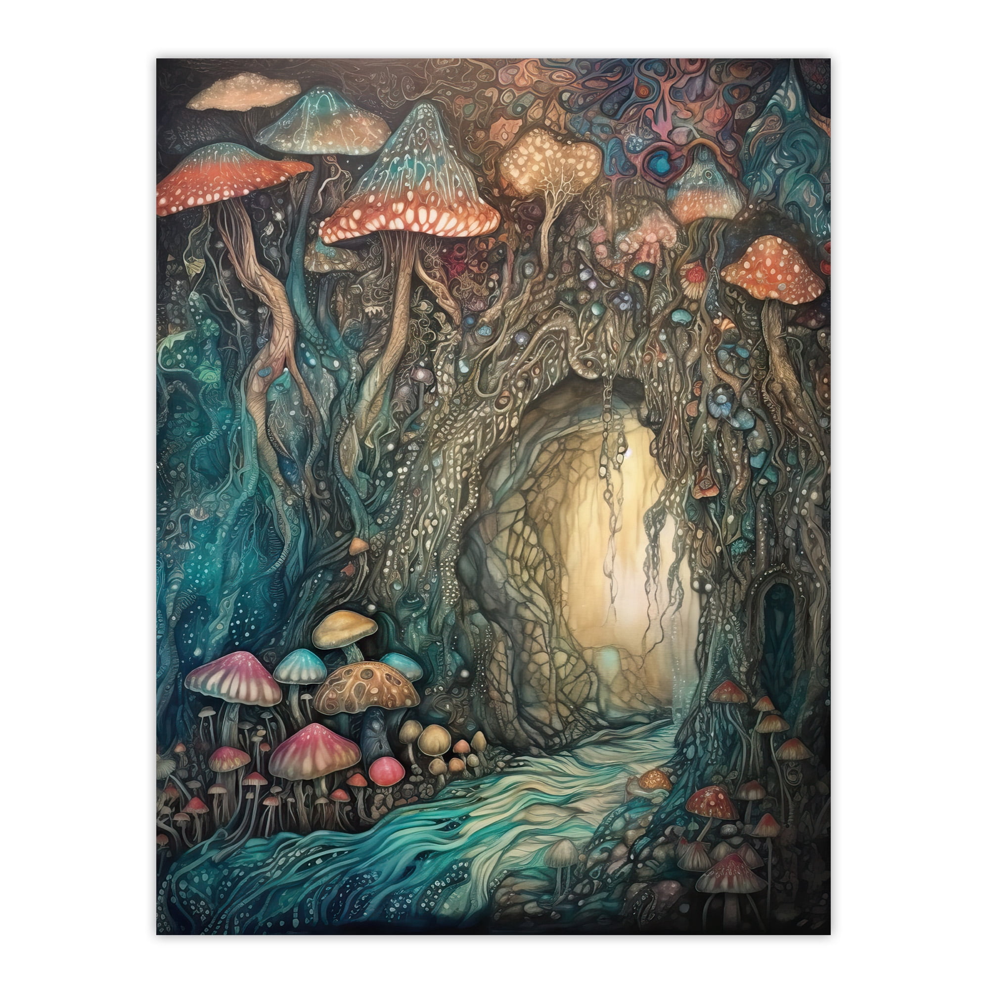 Mystical Cave With Bioluminescent Mushrooms Watercolour Painting Blue ...