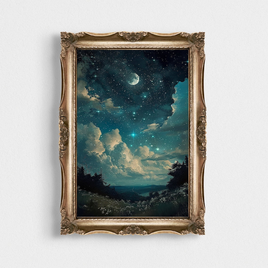 Mystical Celestial Moon Art Poster, Vintage Night Sky, Dark Academia ...