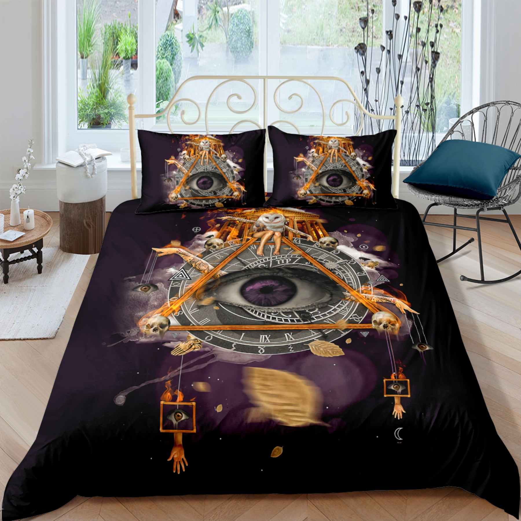 Mystical Dark Purple & Black Bedding Set with Eye Skulls Owl & Clock ...