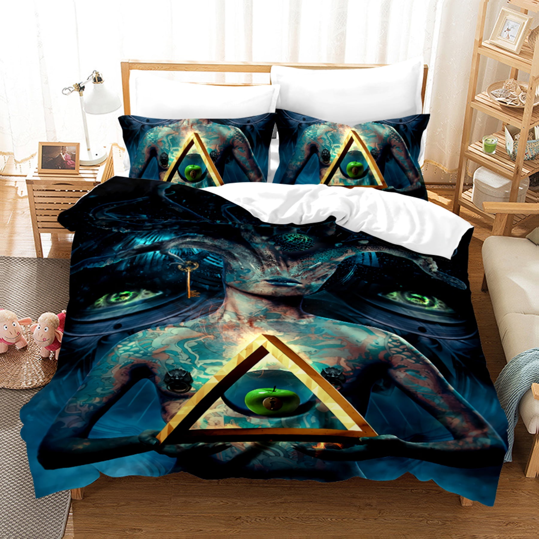 Mystical Deep Teal Bedding Set with Tattooed Figure & Golden - Unique ...