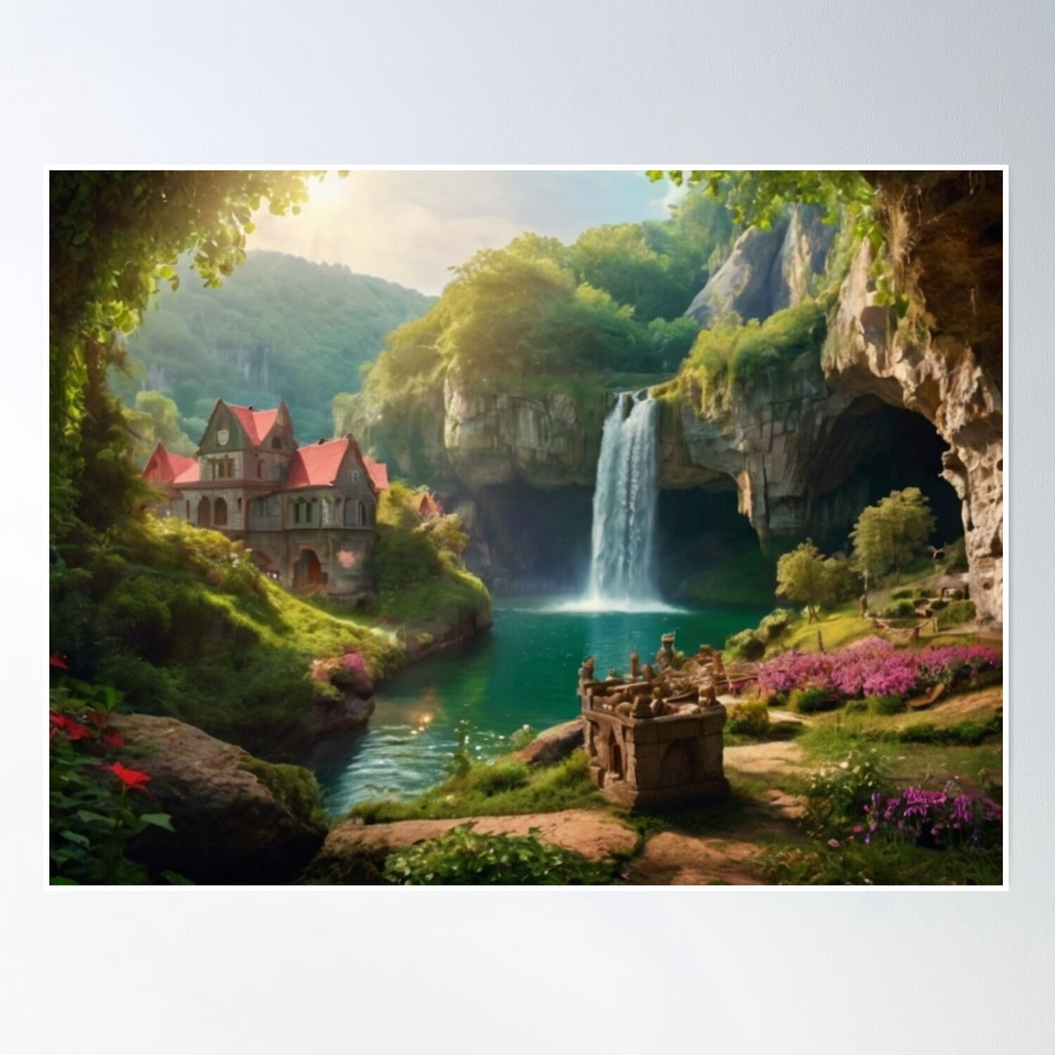 Mystical Forest Cave Of Sunlit Falls Poster Wall Art, Modern Wall Decor ...