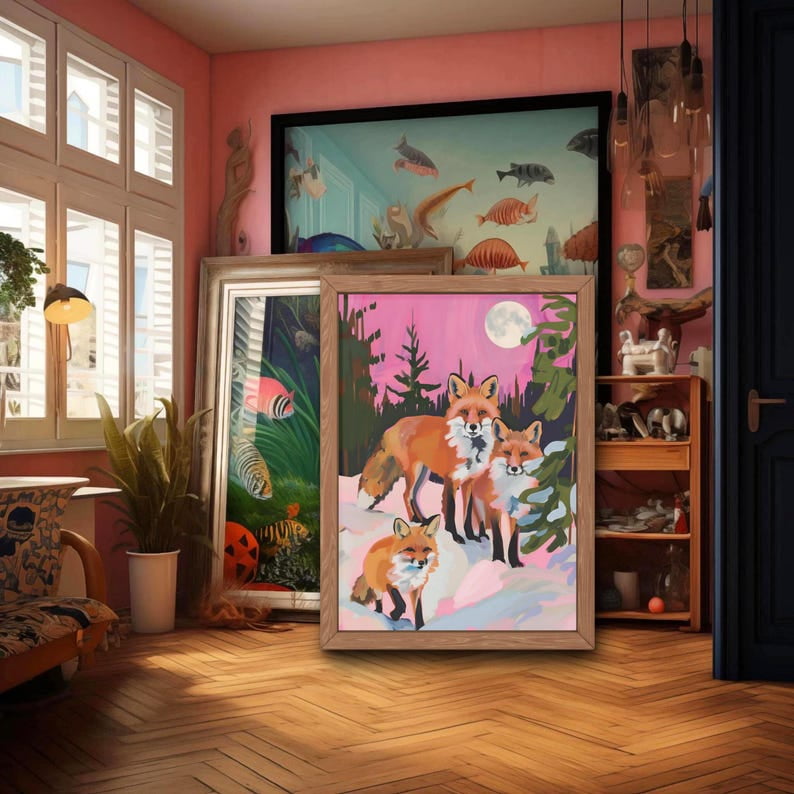 Mystical Fox Family Night Print, Enchanted Forest Wall Art, Foxes Under ...