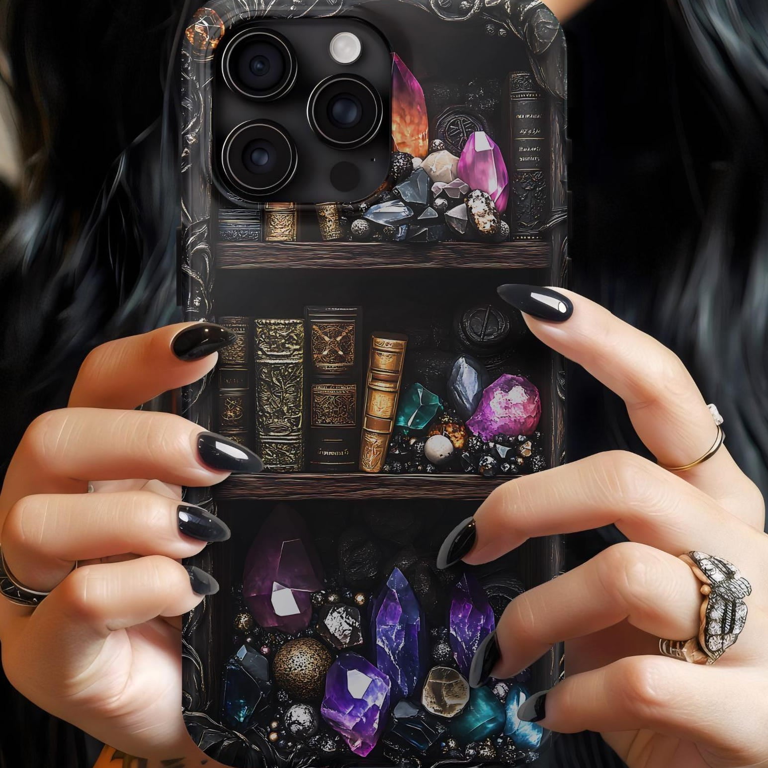 Mystical Gemstone Celestial Bookshelf Case for iPhone 17 through 11 Pro ...