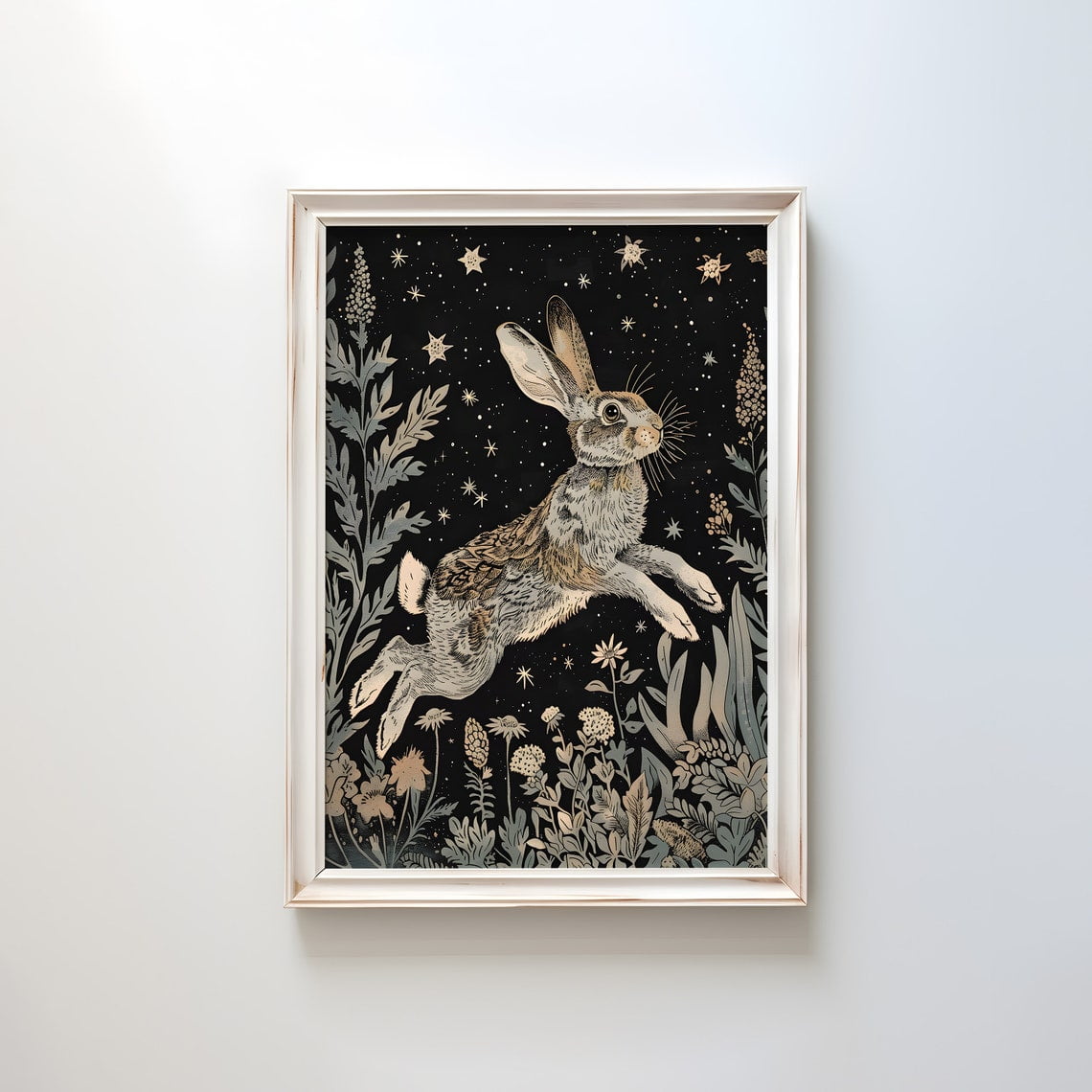 Mystical Jumping Rabbit In Meadow Art Print, Dark Cottagecore Wall ...