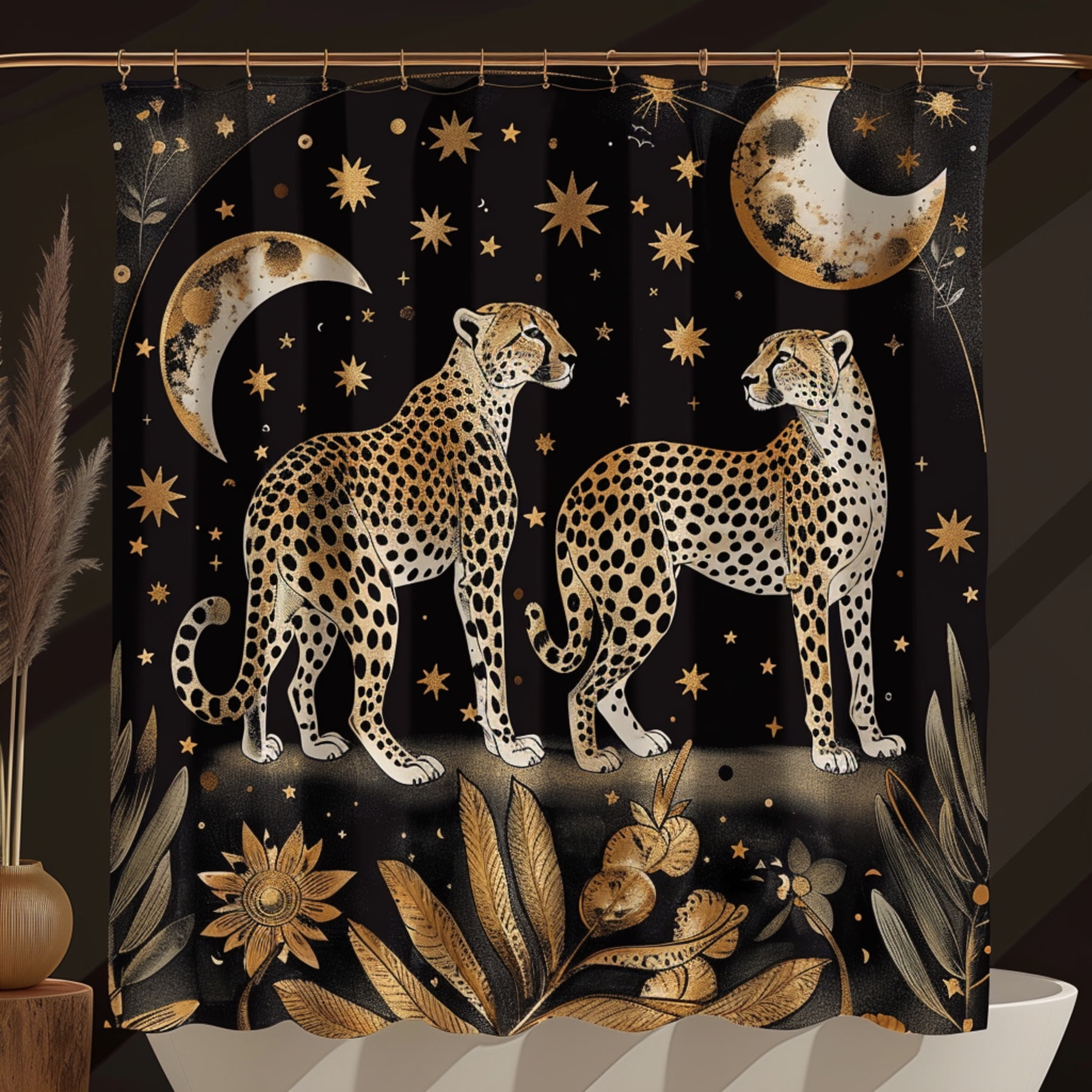 Mystical Leopard Moonlit Shower Curtain With Celestial Elements Golden