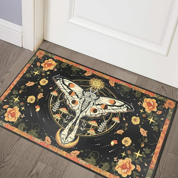 Mystical Luna Moth Area Rugs, Boho Moody Black Floral Aesthetic Bedroom ...