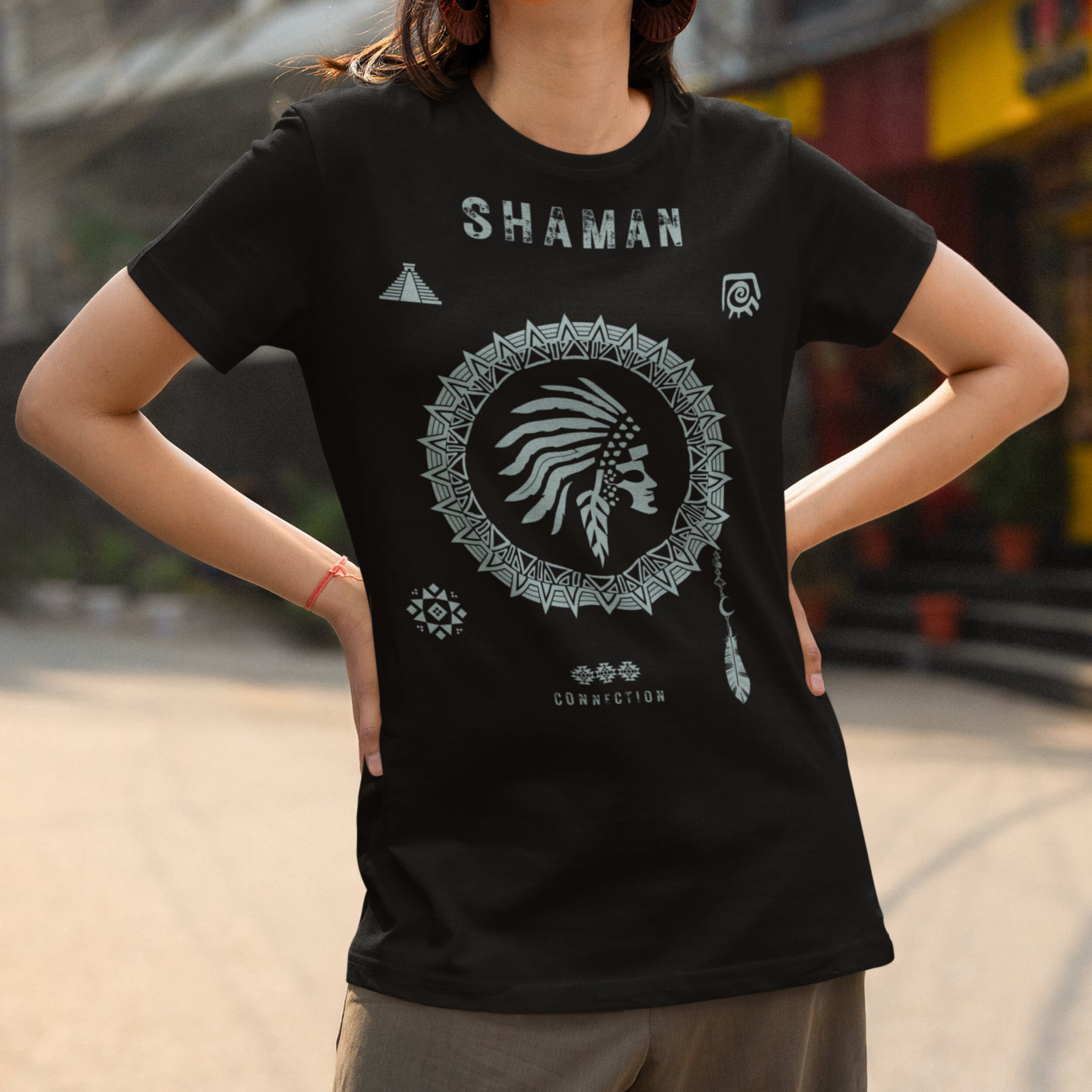 Mystical Mesoamerican Shaman T-shirt with Spiritual Symbols and Amulets ...