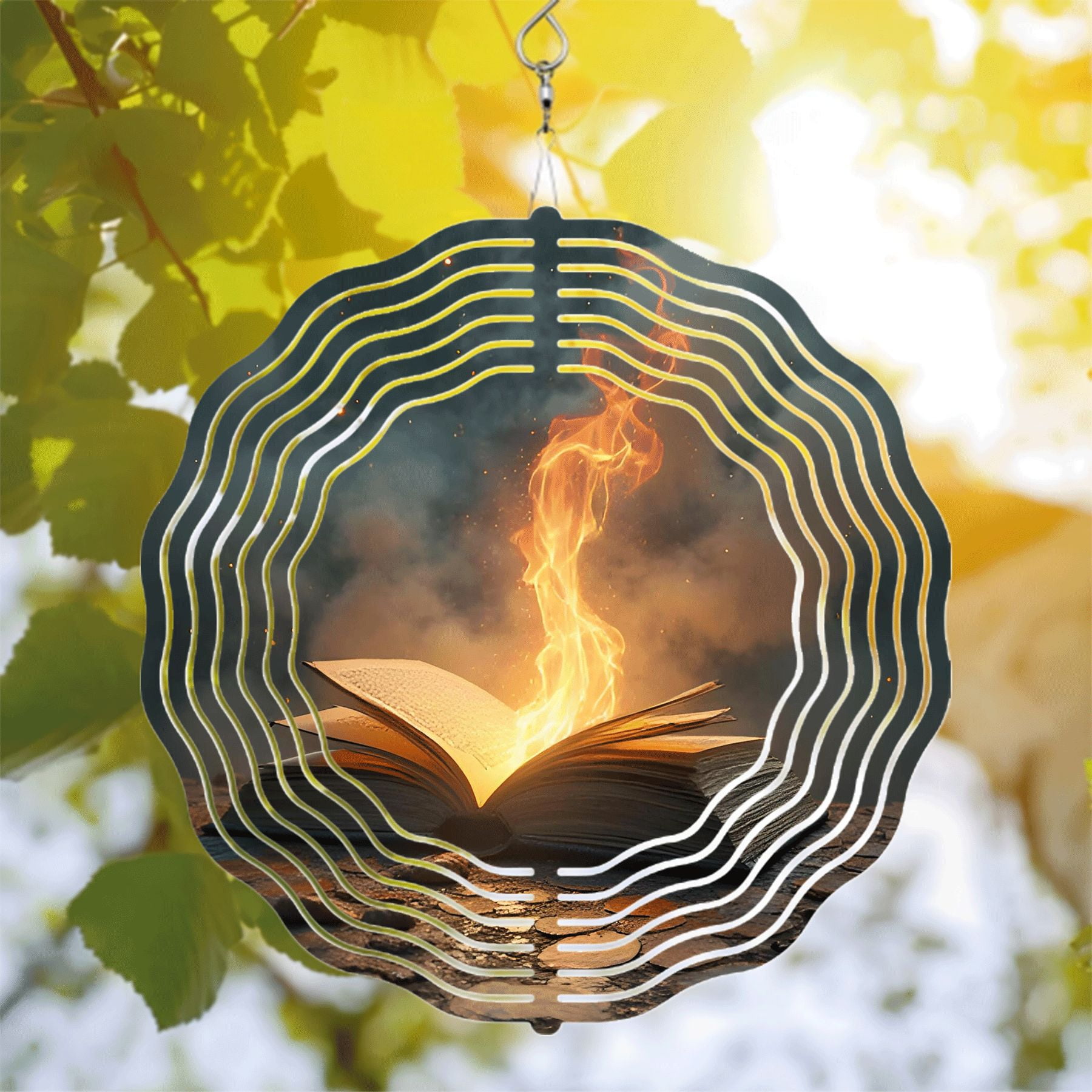 Mystical Metal Hanging Wind Spinners - Fiery Book Design with Sound ...