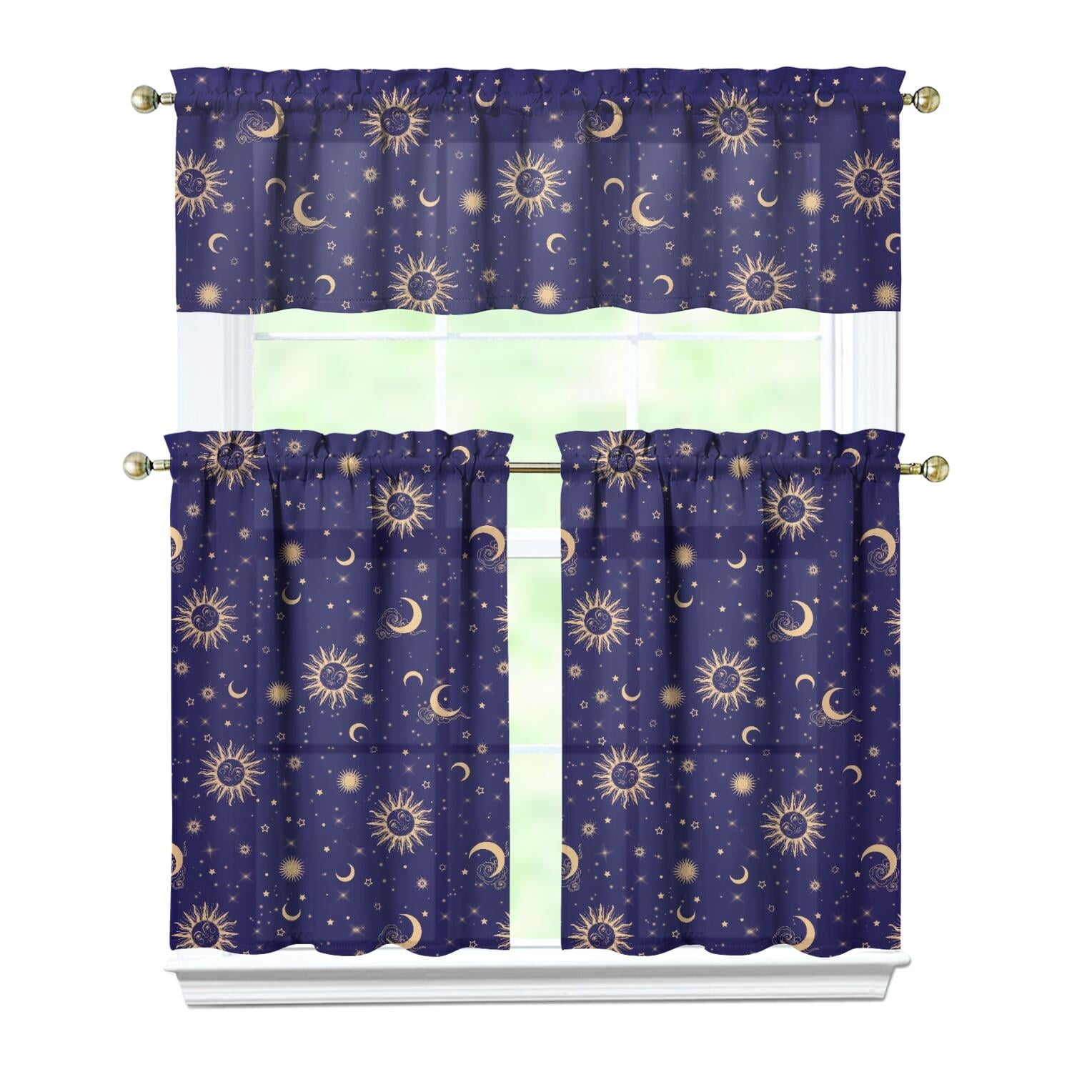 Mystical Moon Phase Kitchen Curtains 3-PC Set - Black Gothic Valance ...
