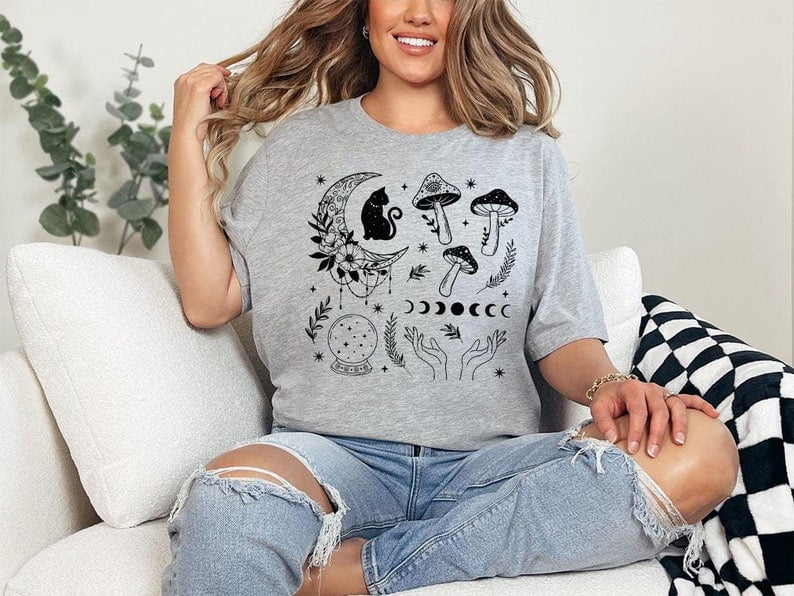 Mystical Moon and Cat T-Shirt, Celestial Mushroom Graphic Tee, Boho ...