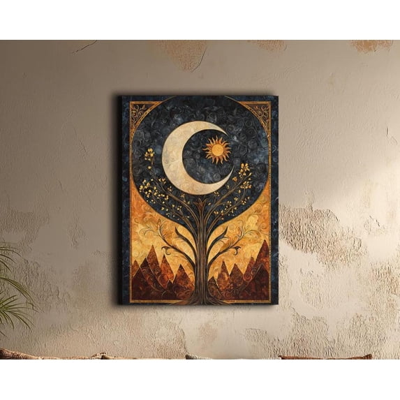 Mystical Moon and Sun Tree Canvas: Bohemian Spiritual Wall Art 12X18 ...