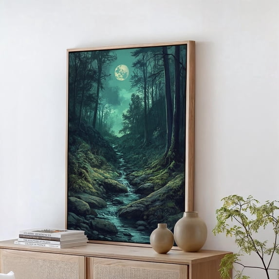 Mystical Moonlit Forest Stream Tranquil Nature Art For Relaxing Home ...
