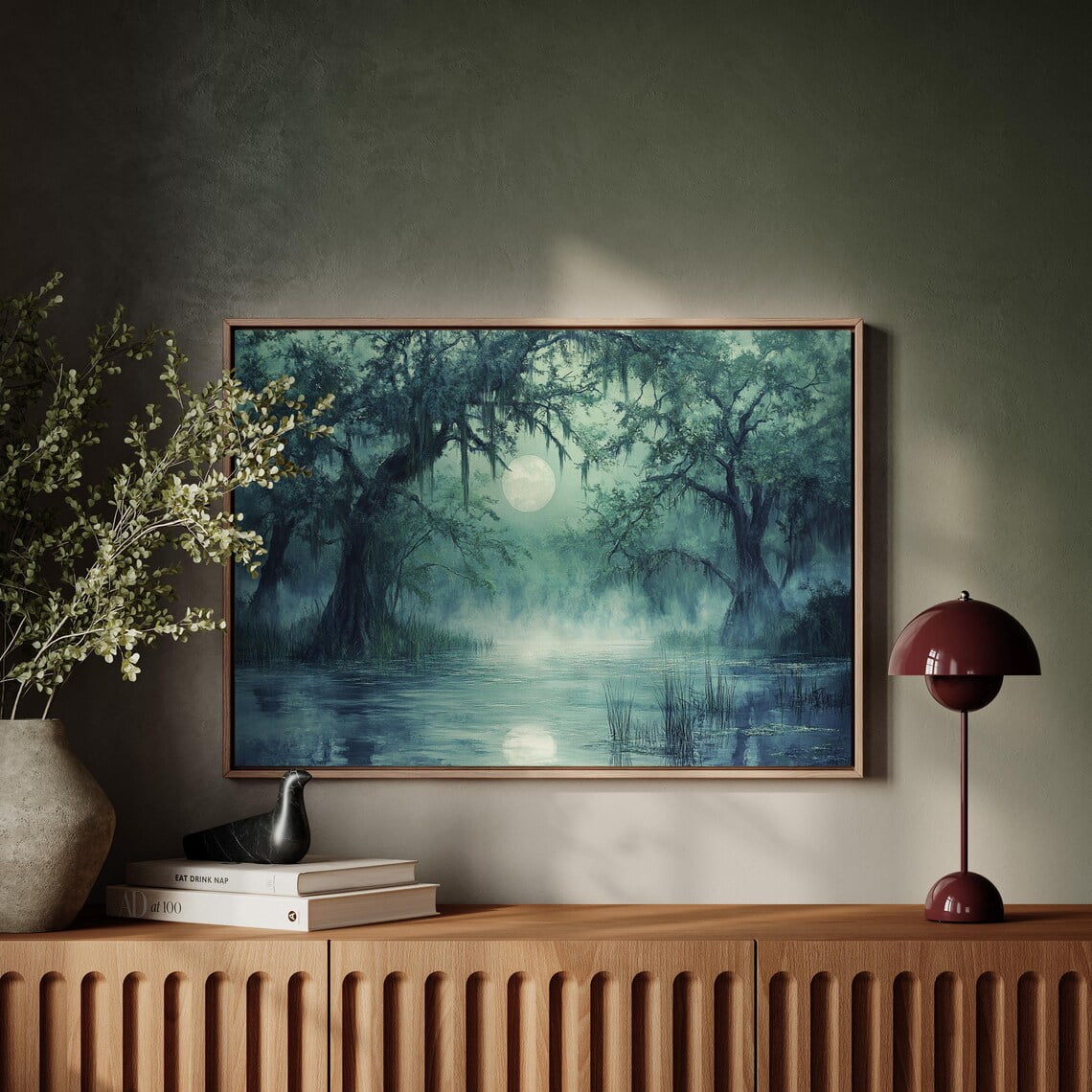 Mystical Moonlit Swamp - Enchanting Nature Art, Serene Forest Landscape With Full Moon Glow And ...