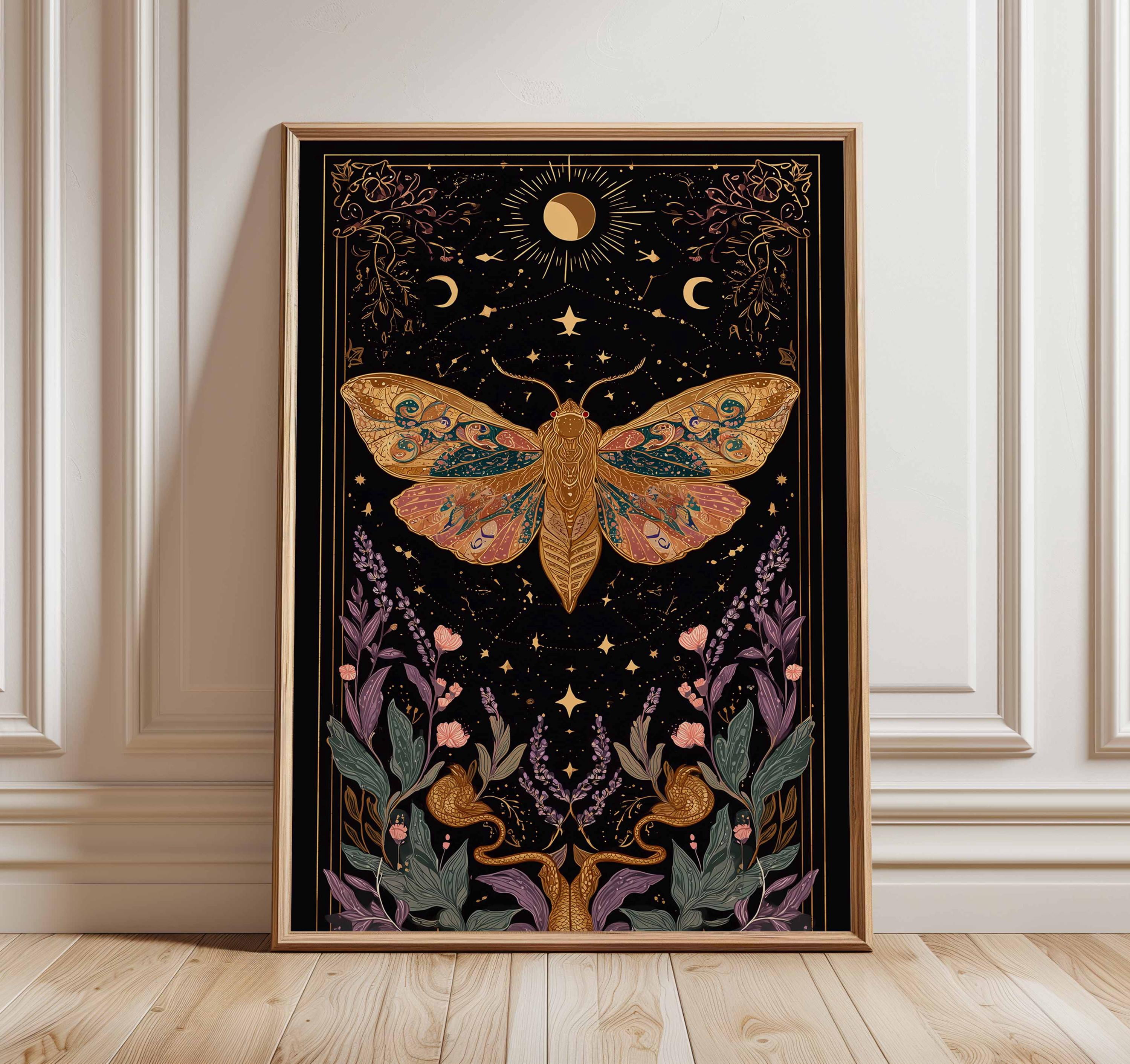 Mystical Moth Wall Art, Celestial Moon Phase, Boho Witchy Decor ...