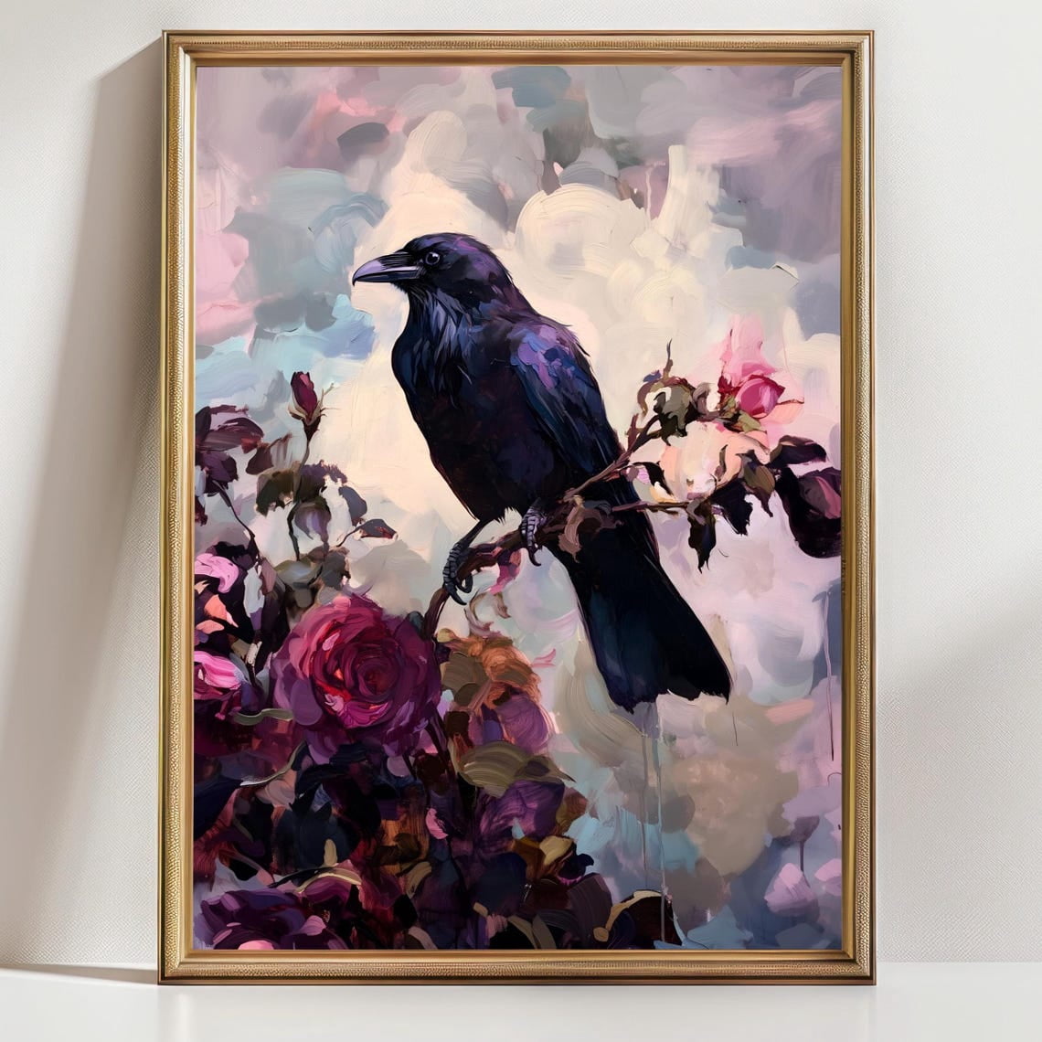 Mystical Raven Art Print Gothic Wall Decor, Dark Floral Raven Poster ...
