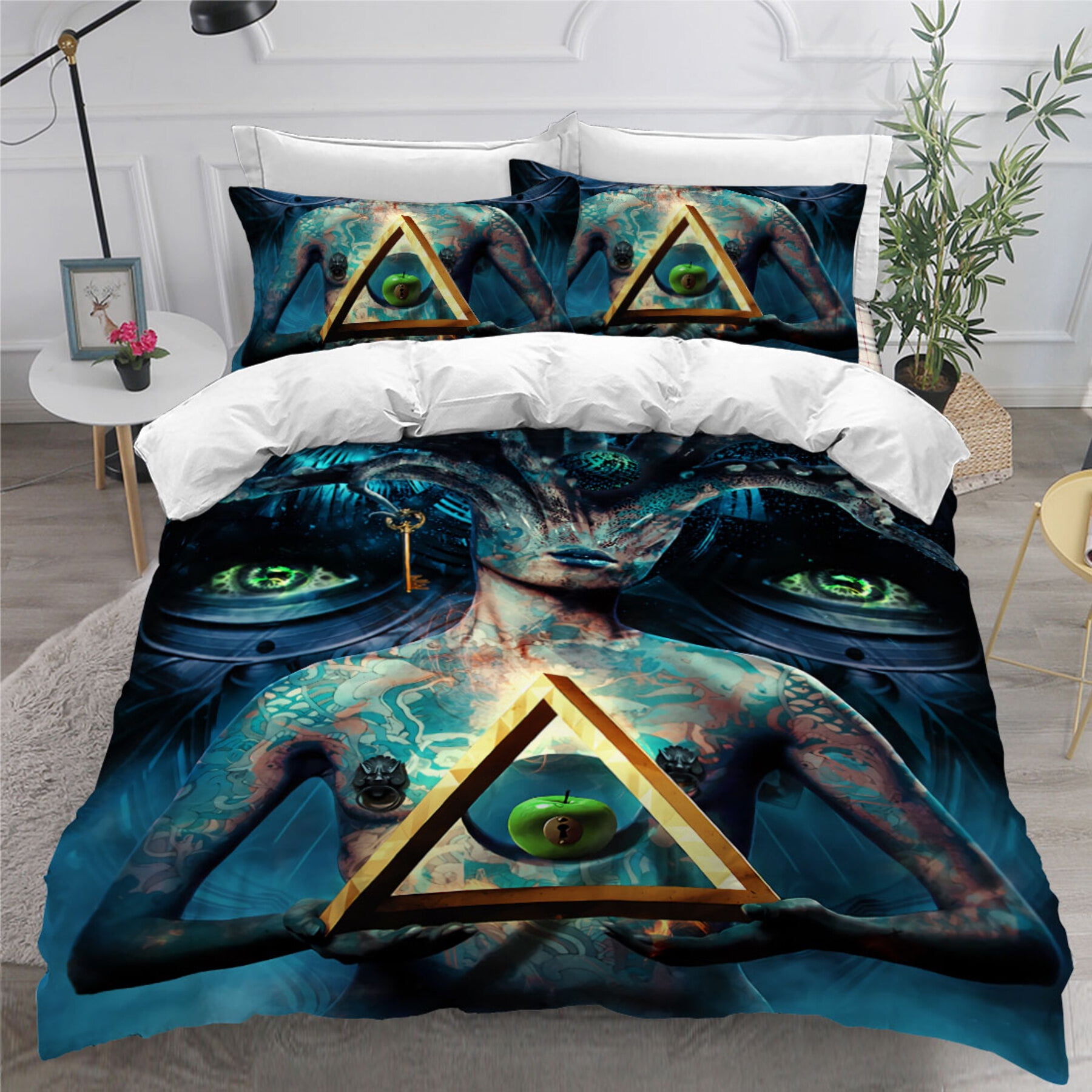 Mystical Tattooed Figure Bedding Set Dark Teal Surrealism Design with ...
