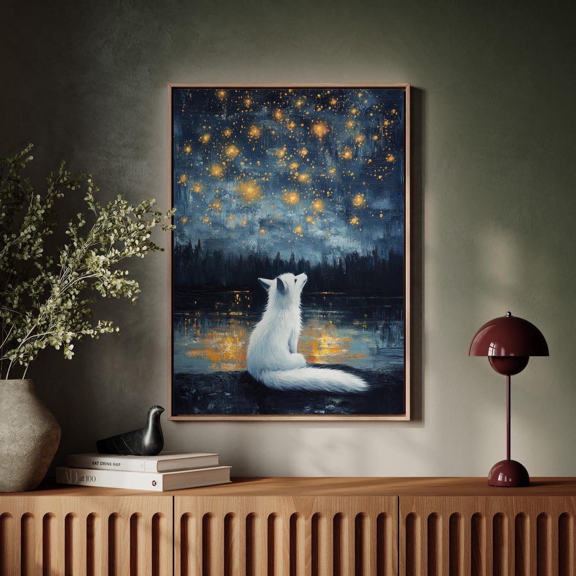 Mystical White Fox Under Golden Stars – Celestial Night Sky Reflection ...