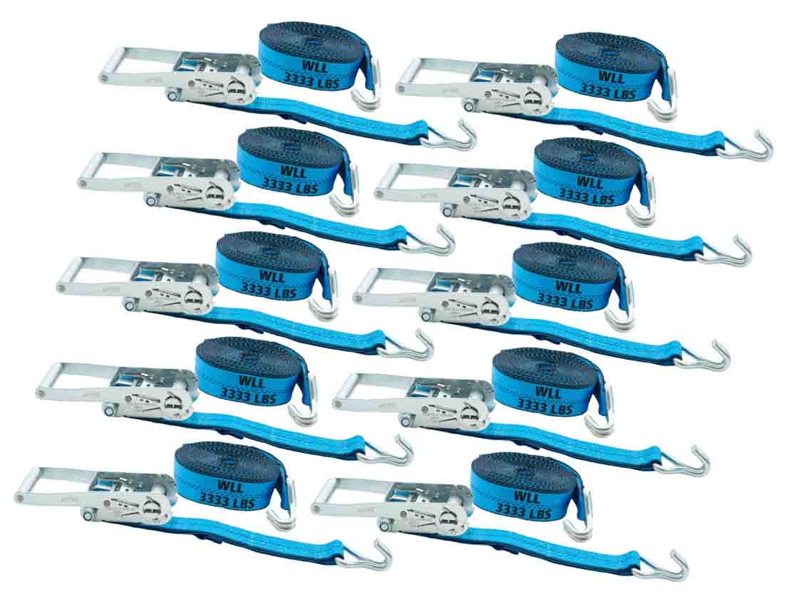 Mytee Products (10 Pack) 2 Inch x 27 FT Blue Ratchet Strap with J Hooks ...