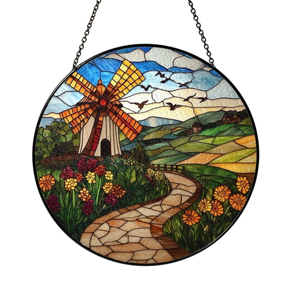 Mythical Countryside Windmill Stained Glass Suncatcher, Floral Field ...