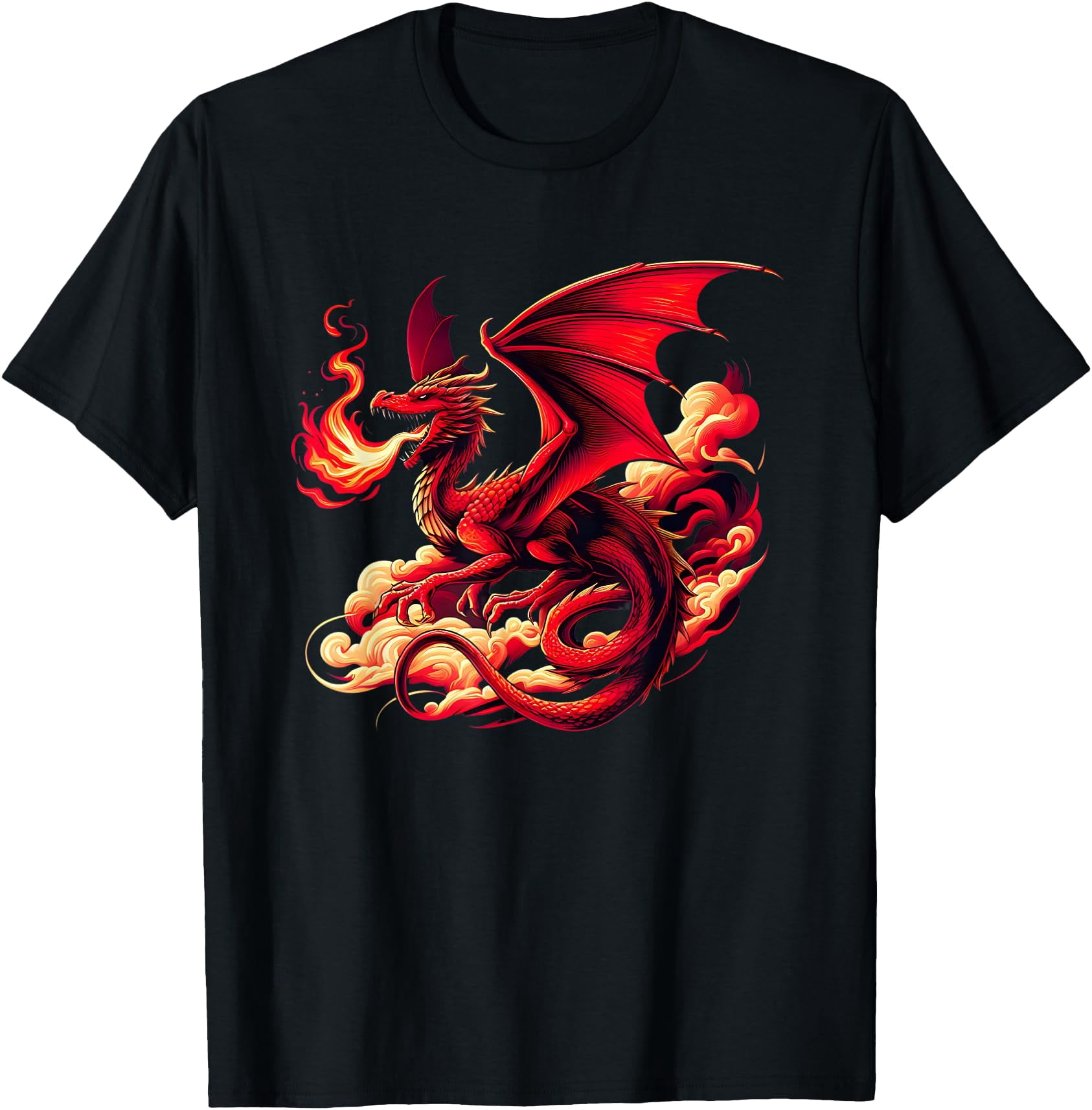 Mythical Red Dragon Breathes Fire On Clouds, Boy Girl Dragon T-Shirt ...