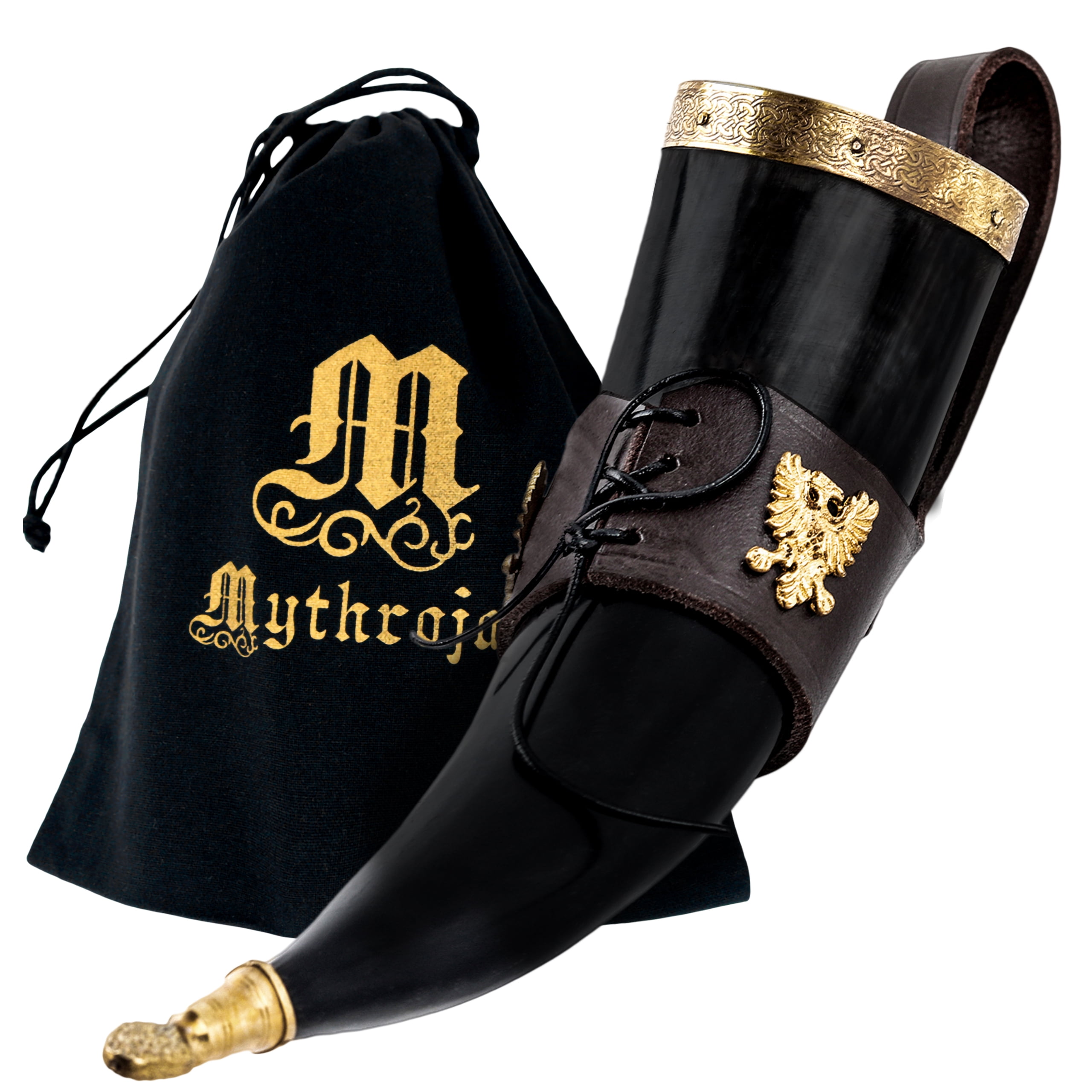 Mythrojan Viking Drinking Horn Mug with Brown Leather Holder and Canvas ...
