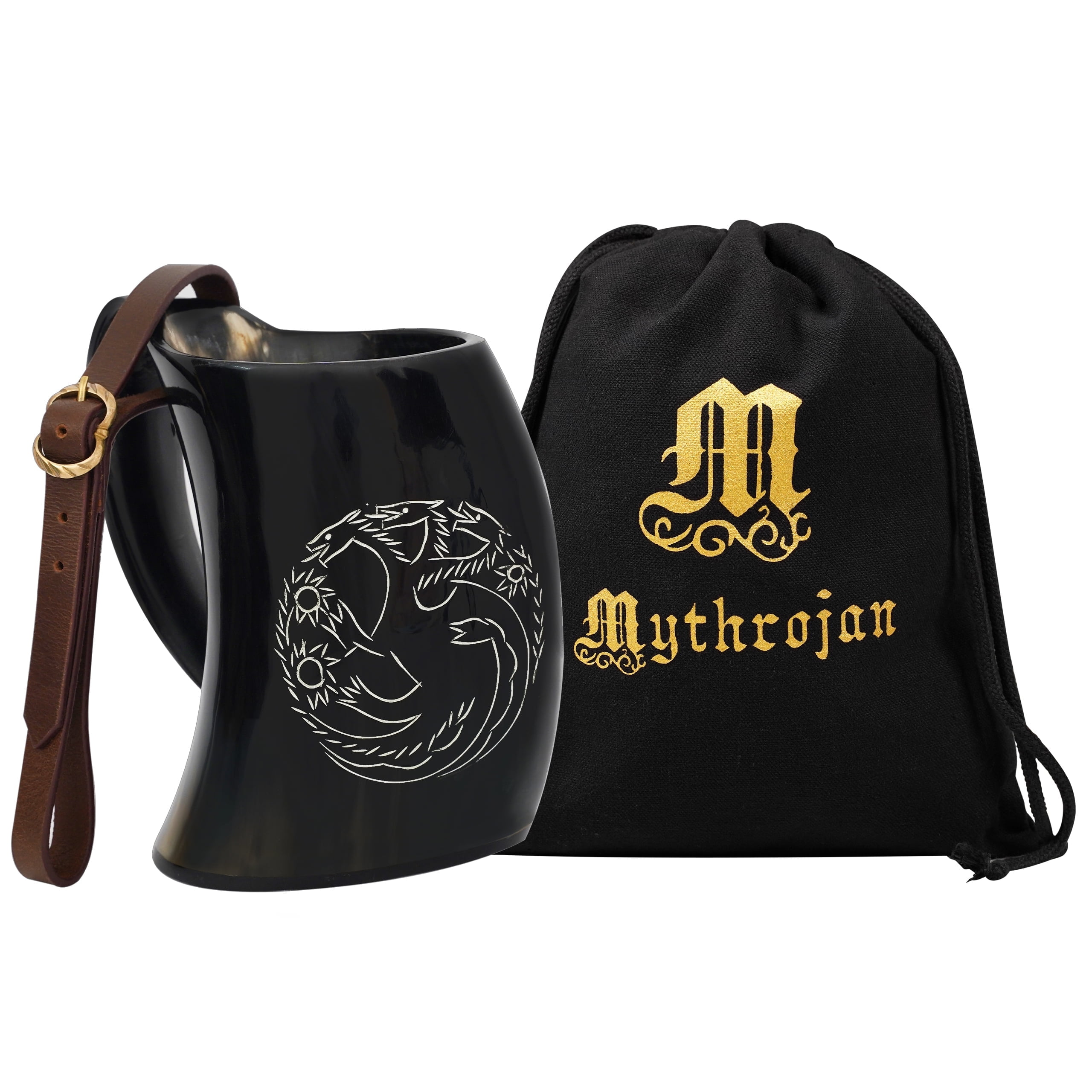 Mythrojan Viking Drinking Horn Tankard Mug with Leather Holster and Canvas Bag Medieval Drinking ...
