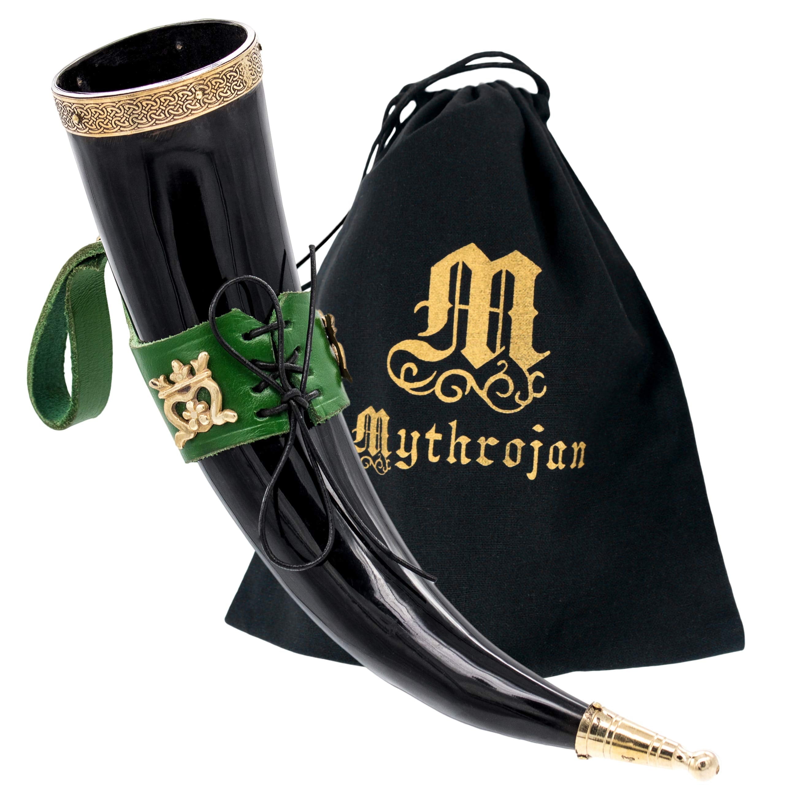 Mythrojan Viking Drinking Horn with Green Leather Holder Medieval ...