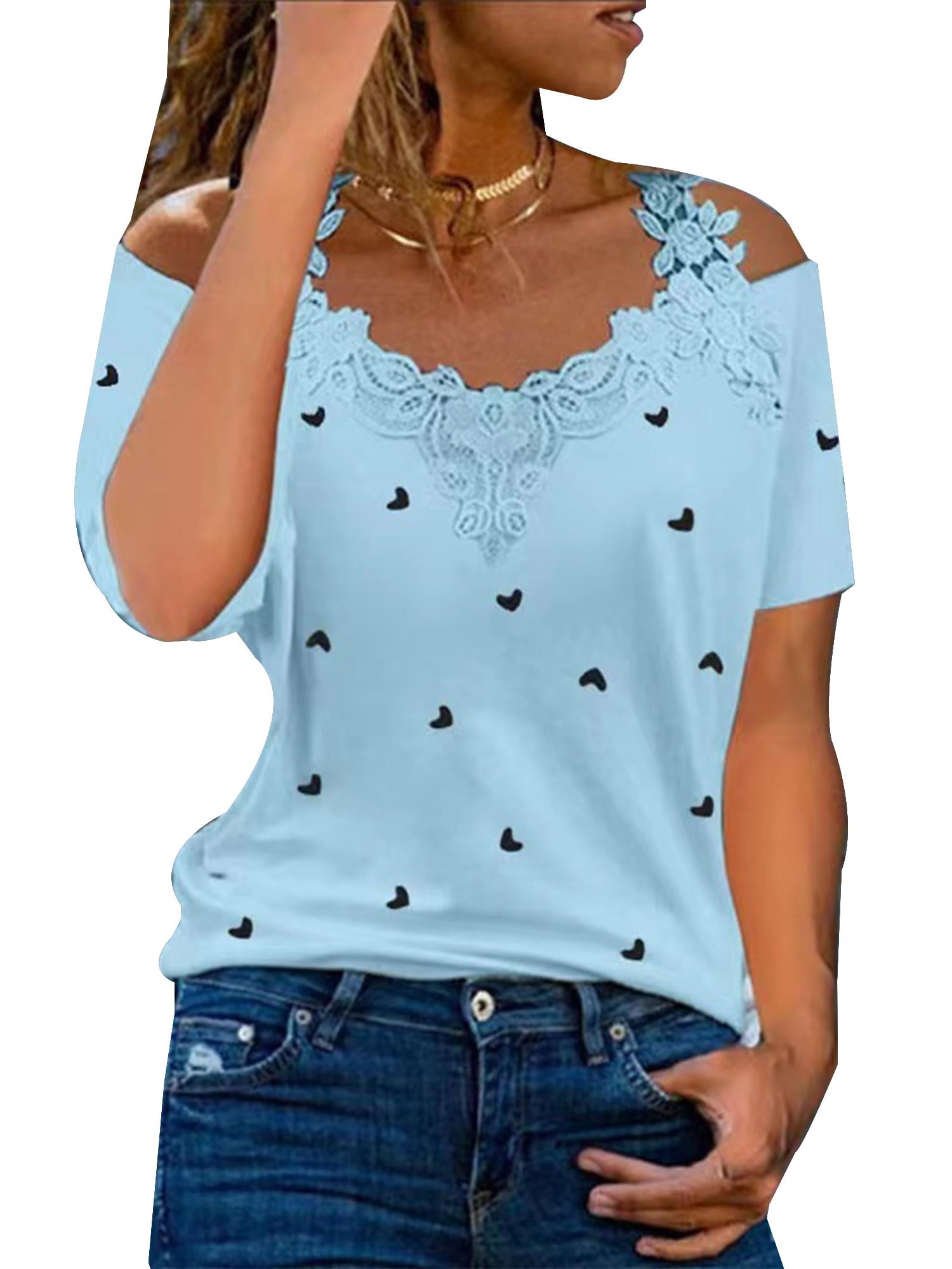 Mytrendy Women Love Print Cold Shoulder Short Sleeve Lace Strap Top ...
