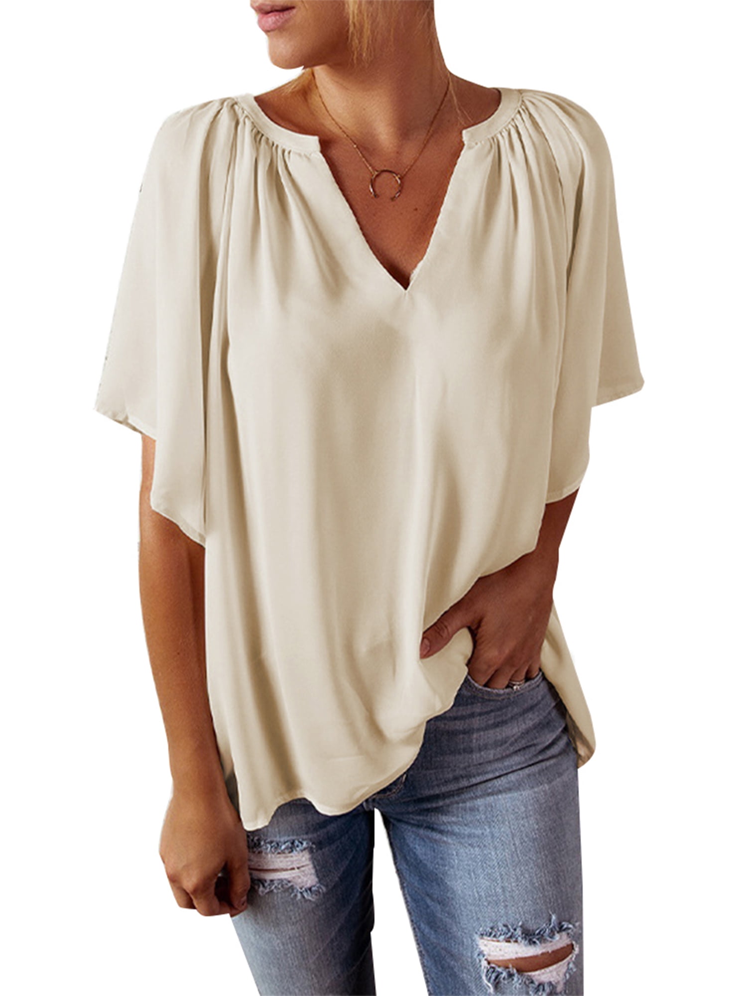 Mytrendy Women Short Butterfly Sleeve V-Neck Pleated Baggy Tops ...