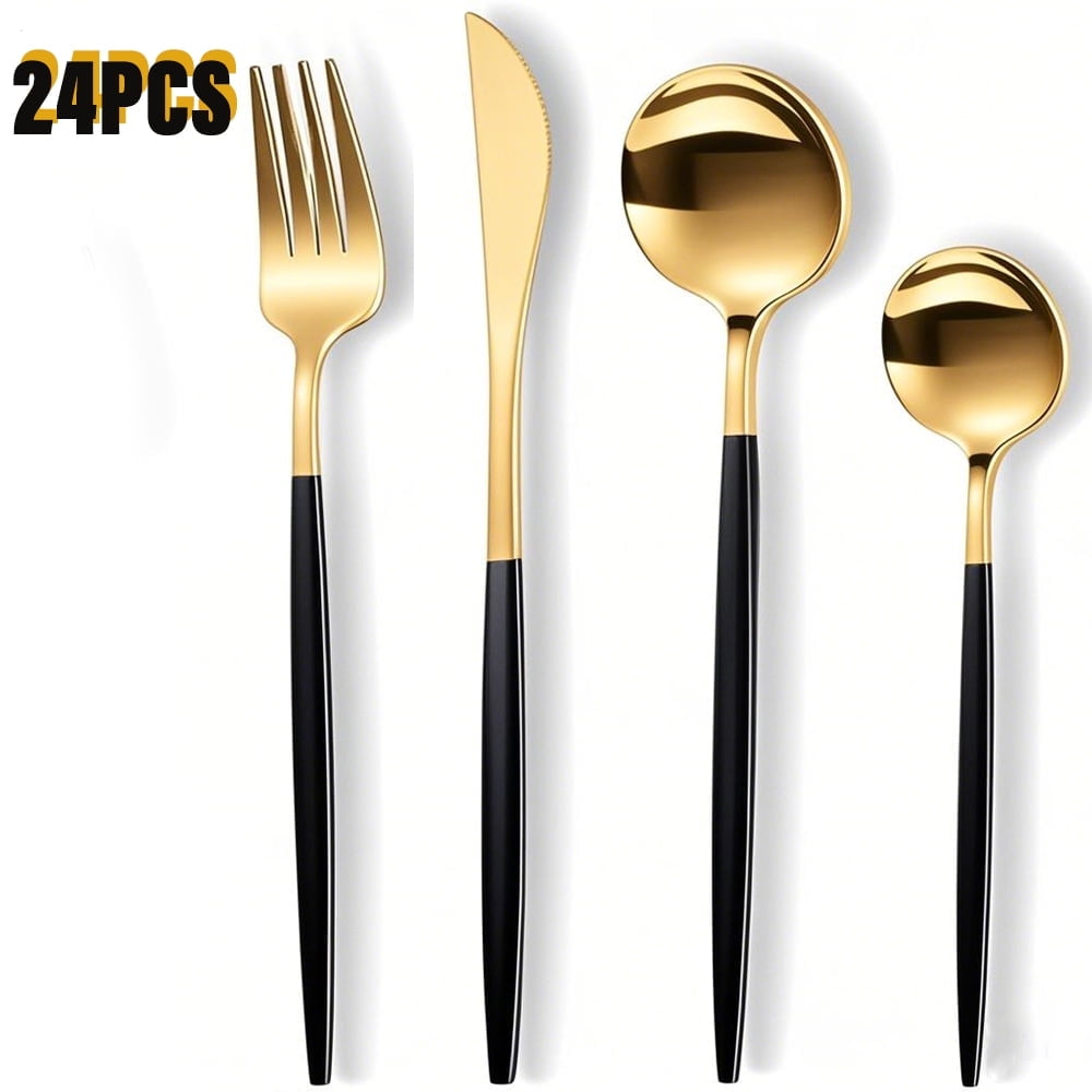 Gold Silverware Set Spoons and Forks Service for 6,Kitchen Accessories ...