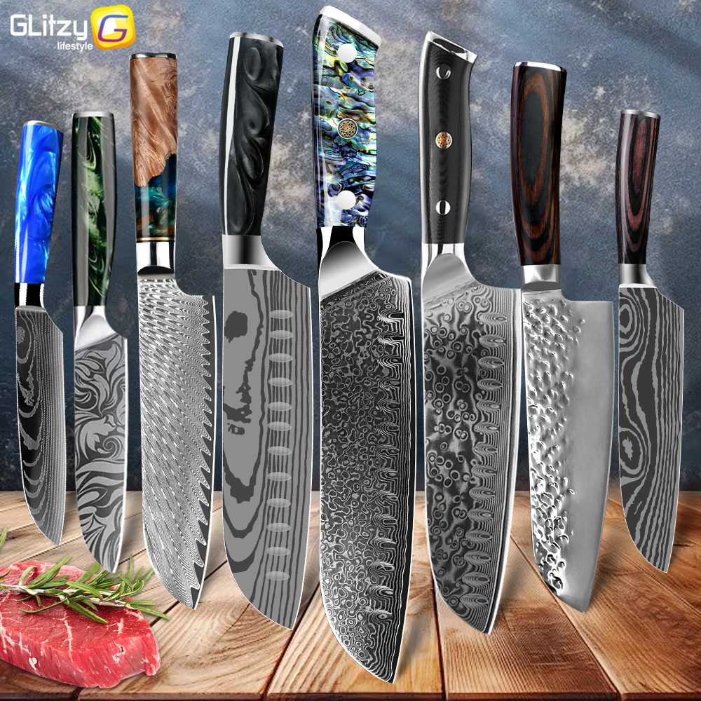 Myvit Damascus Kitchen Knife High Carbon Steel Japanese Santoku Knife ...