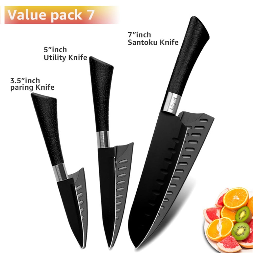 Myvit Kitchen Knife Set of 3 Black Coated Chef Knife Nonstick Paring ...