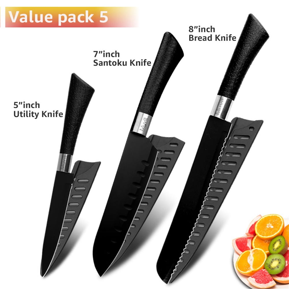 Myvit Kitchen Knife Set of 3 Black Coated Chef Knife Nonstick Paring ...