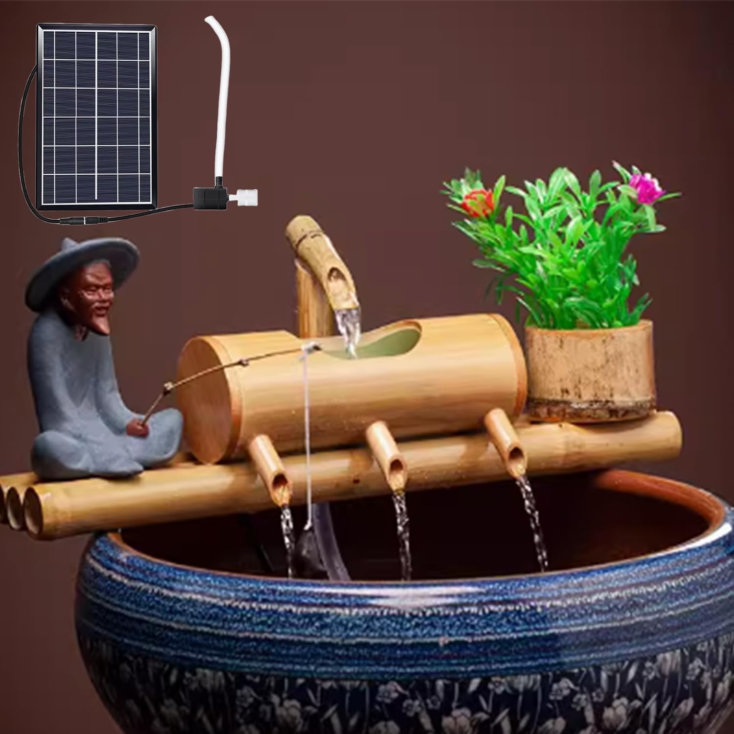 N/A Bamboo Solar Water Fountain Kit, Outdoor Bamboo Water Fountain ...