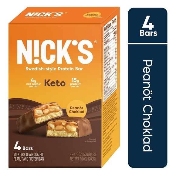 N!CK'S Peanut Chocolate Protein Keto Bar, 1.76 oz, 4 Pack