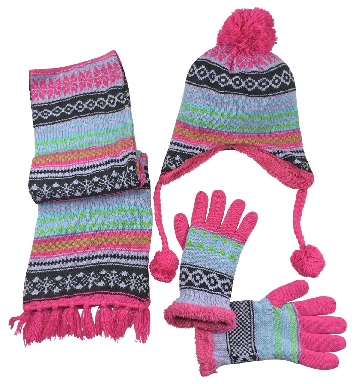 N'Ice Caps Girls' 3-Piece Sherpa Lined Geo Print Hat, Scarf and Gloves ...