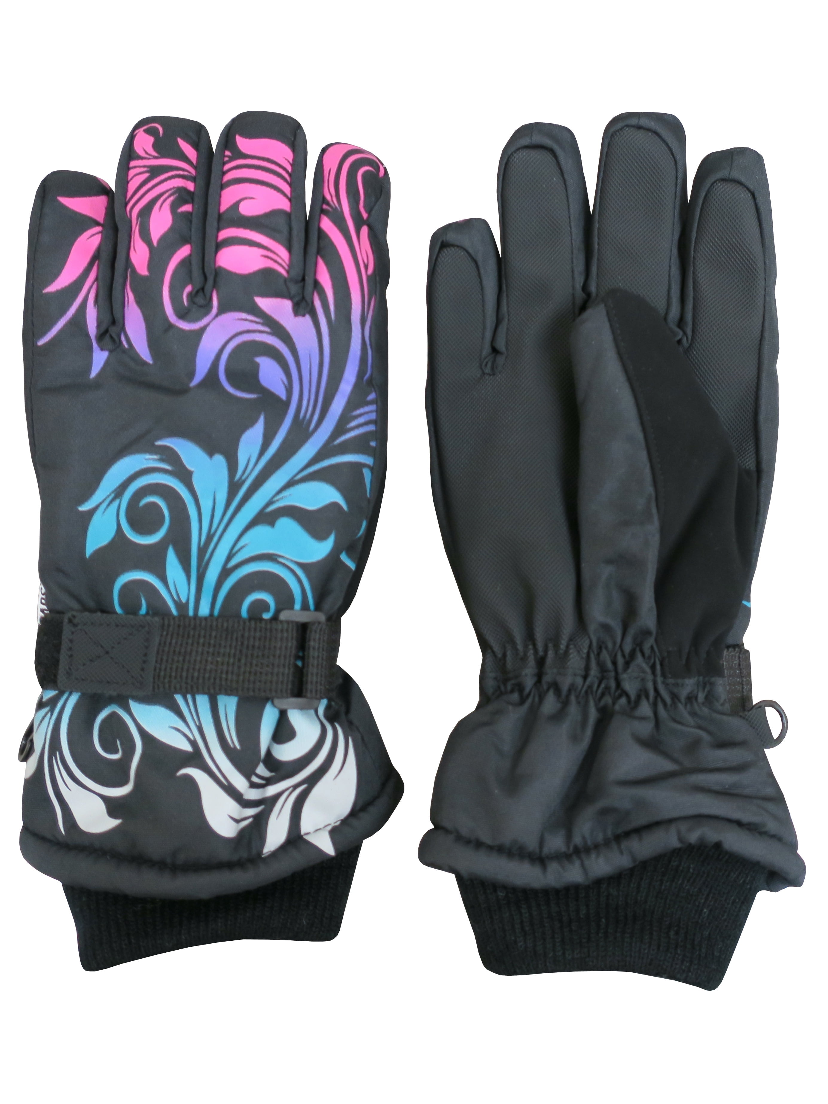 N'Ice Caps Girls Kids Thinsulate Waterproof Winter Flower Print Snow Ski Black Gloves, Female ...