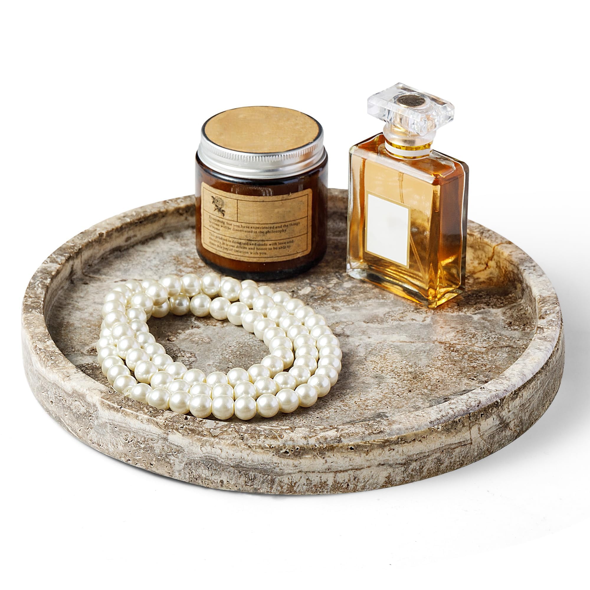 N NANSHOP Round Marble Vanity Tray, Gray Travertine,Natural Marble Stone Decorative Tray for ...