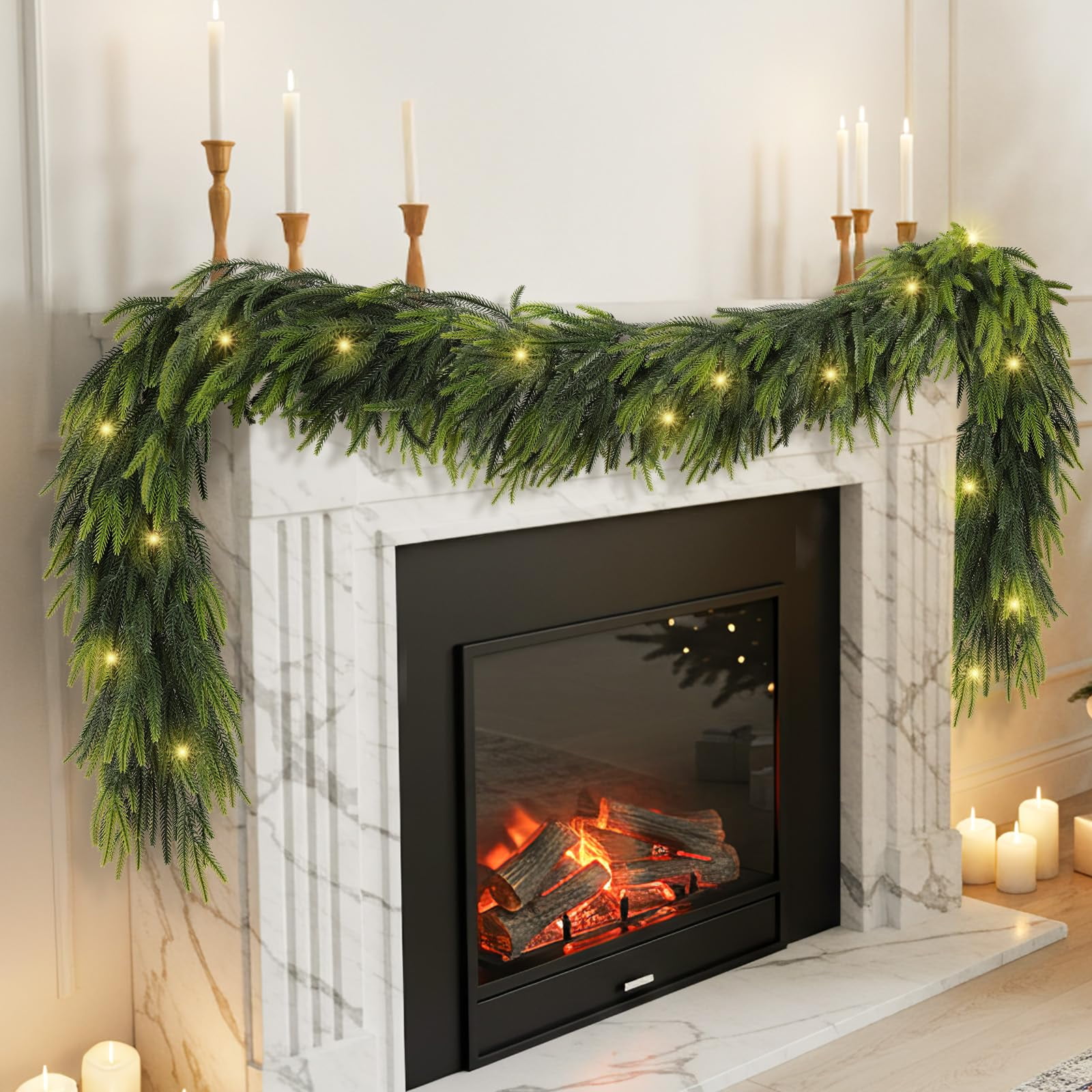 N&T NIETING 9FT Christmas Norfolk Pine Garland with Real Touch Norfolk Pine Garlands Prelit ...