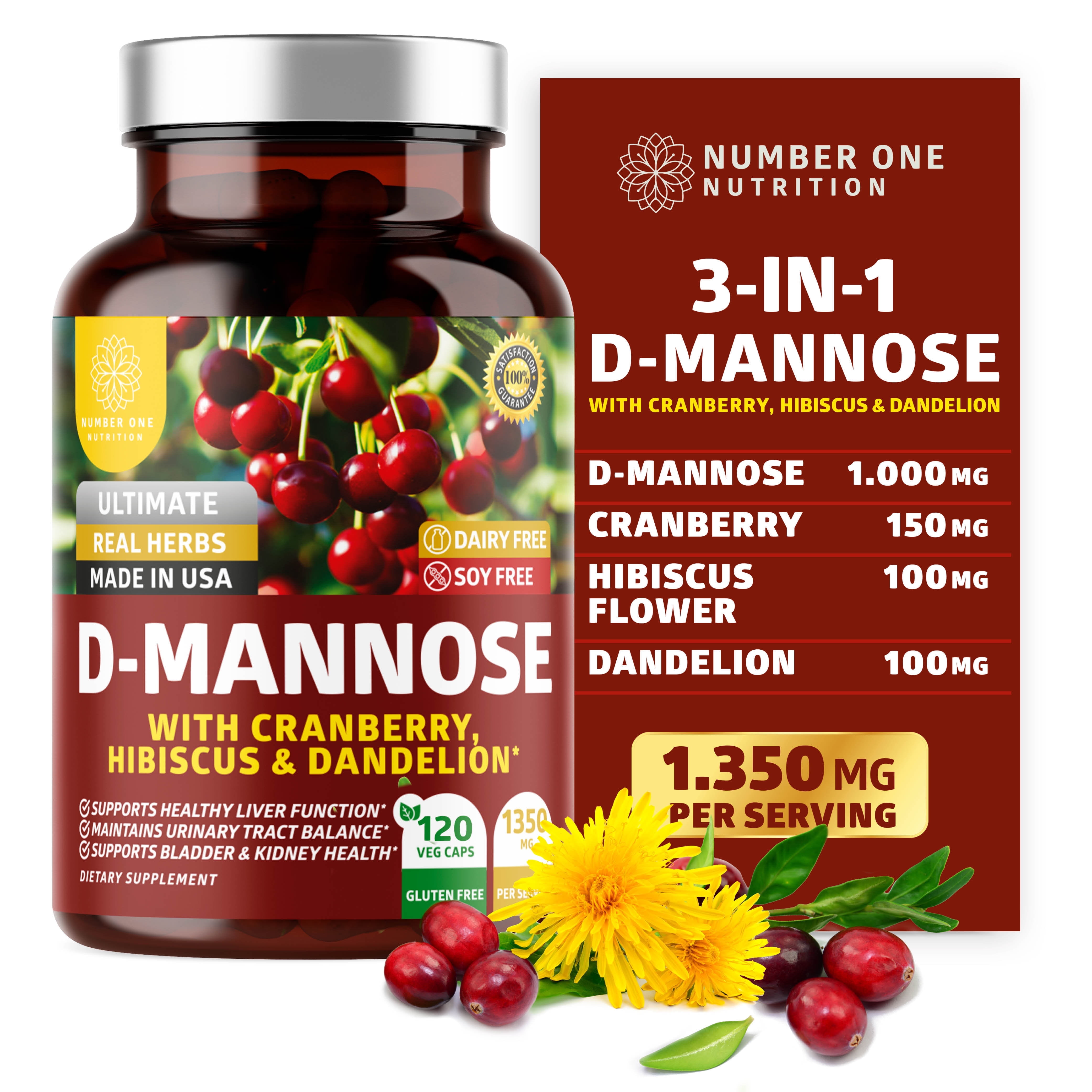 Number One Nutrition D-Mannose, Cranberry, Hibiscus, 1350 mg, 120 Veg ...